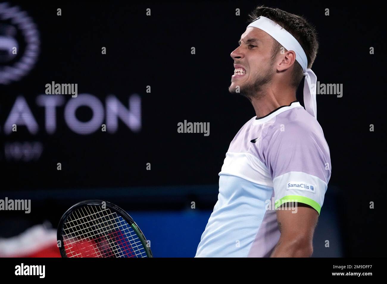 Alex Molcan of Slovakia reacts during his second round match against Felix Auger-Aliassime of ...