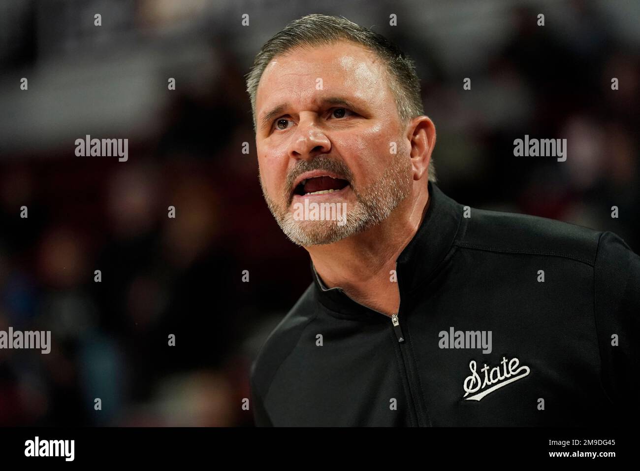 Mississippi State head coach Chris Jans calls out to his players during ...