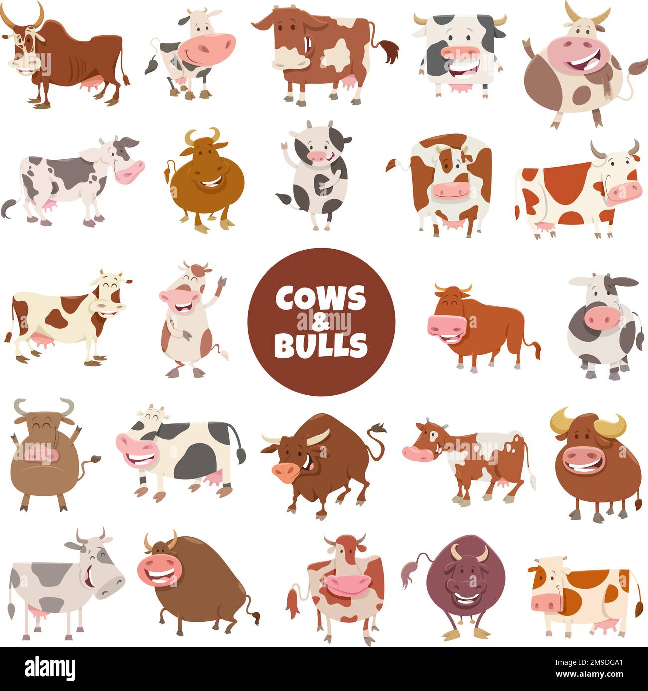 Cartoon illustration of funny cows and bulls farm animal characters big ...