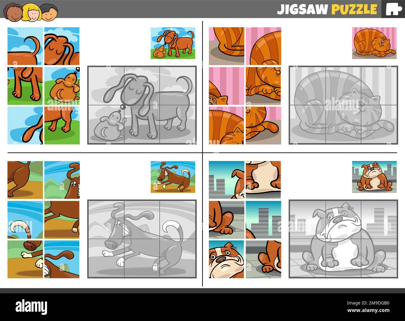 Cartoon illustration of educational jigsaw puzzle games set with funny ...