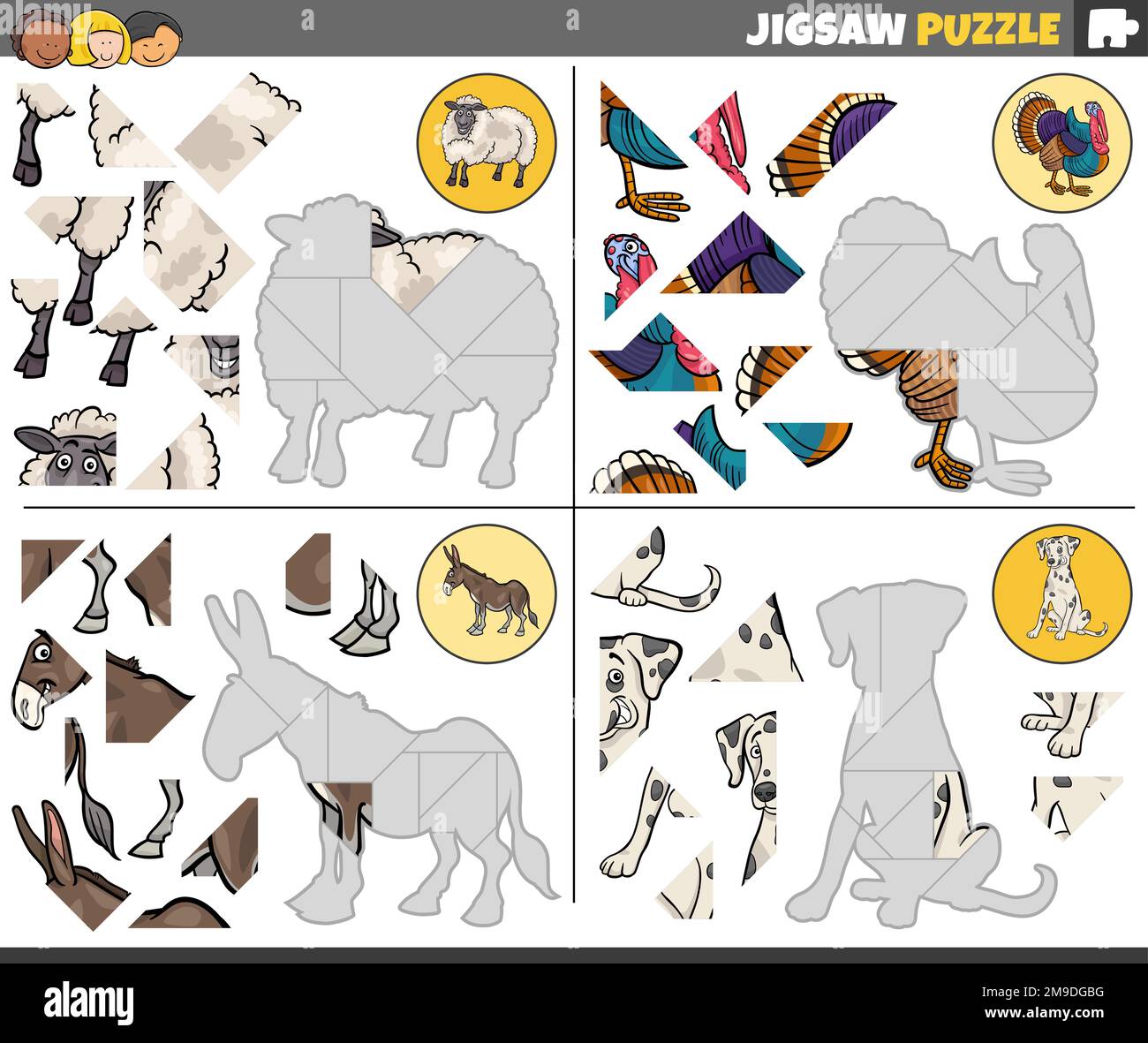 Cartoon illustration of educational jigsaw puzzle tasks set with funny ...