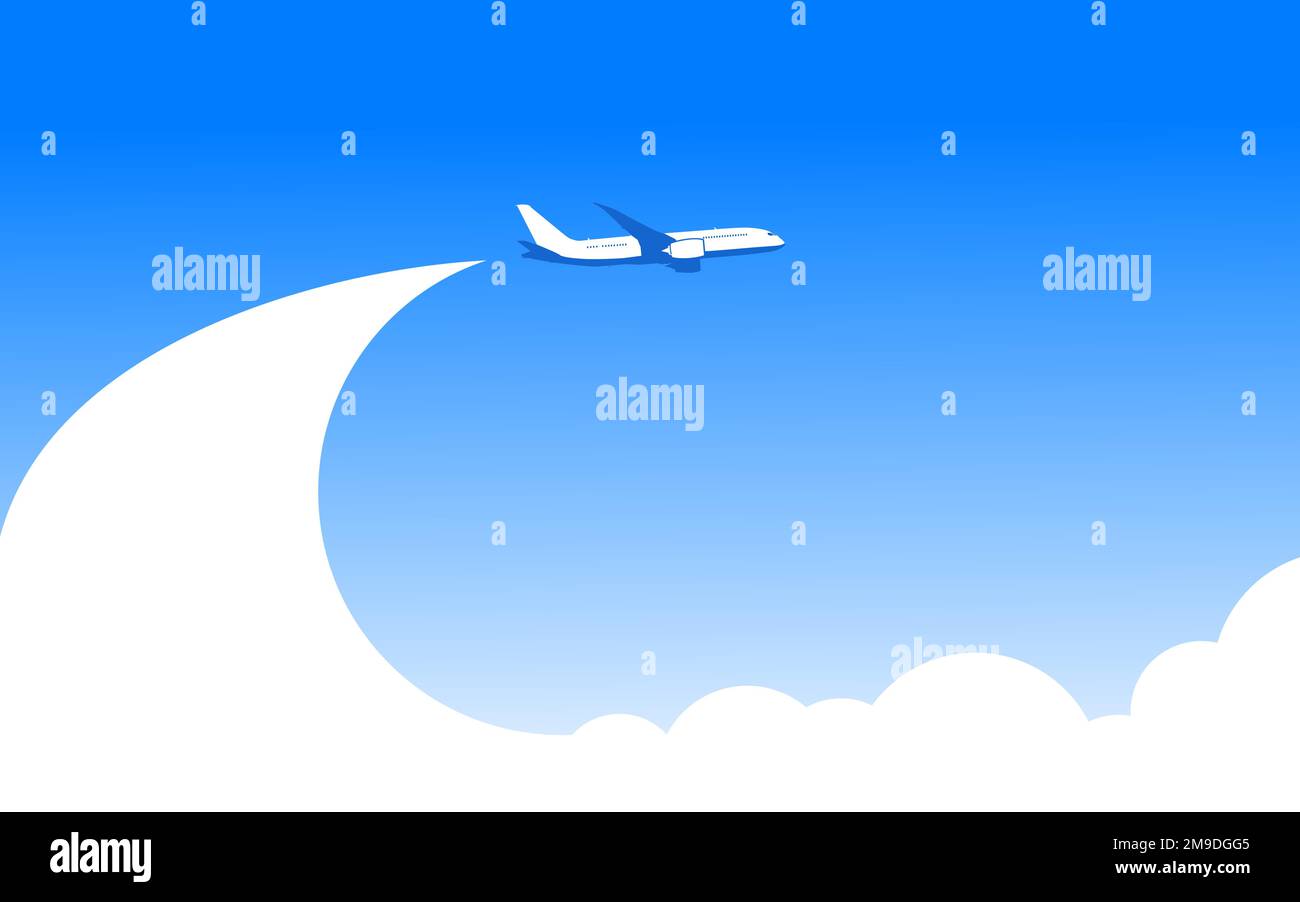 Blue sky with clouds and a plane taking off. Vector background template ...