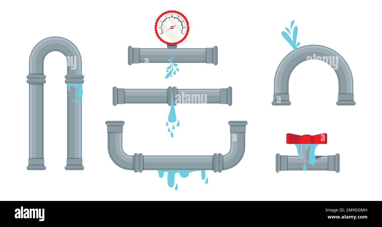 Broken metal pipe with leaking water, flat style vector illustration ...