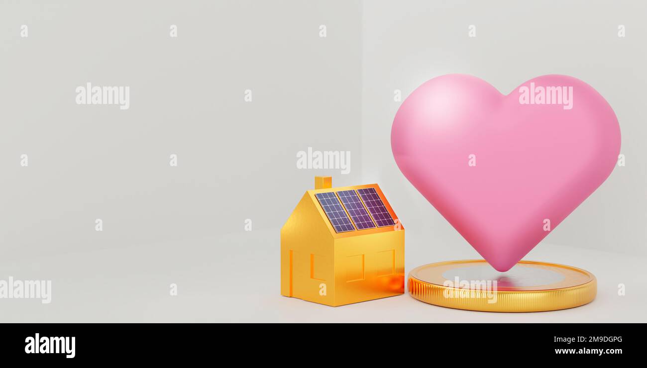 golden house model with Solar panels on the roof and a pink heart shape ...