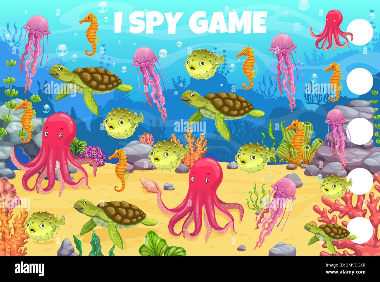 I spy game cartoon underwater landscape and animals. Kids vector ...