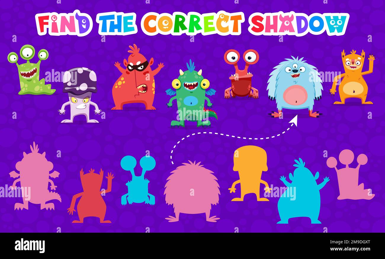 Find the correct shadow of cartoon monster characters. Kids matching ...