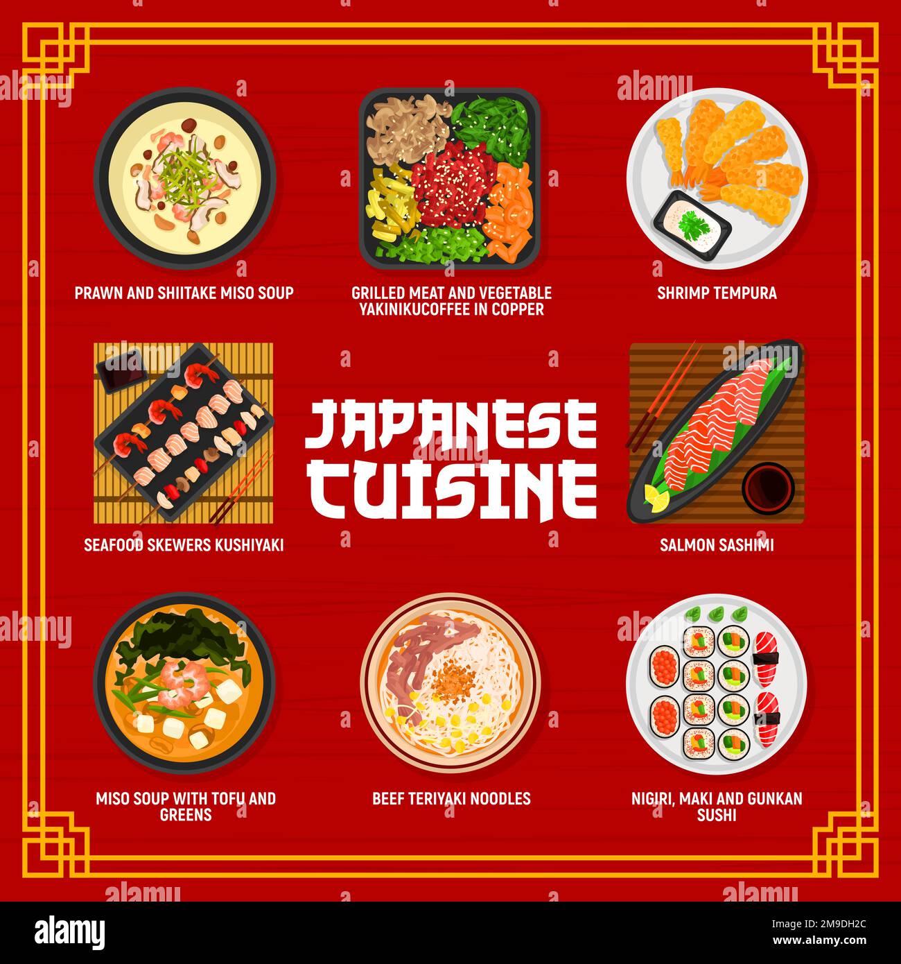 Japanese Cuisine Menu Asian Food Dishes And Meals Vector Restaurant