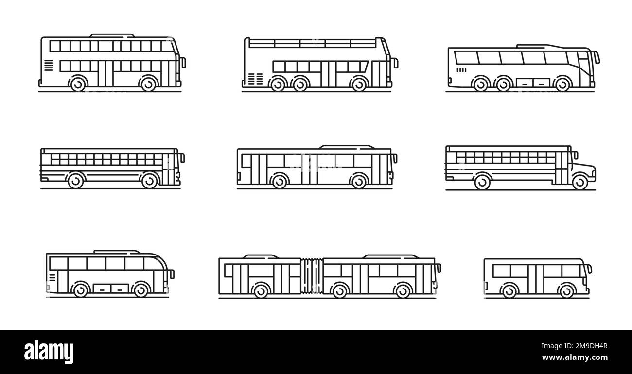 City, travel and school bus line icons. Passenger transportation, urban ...