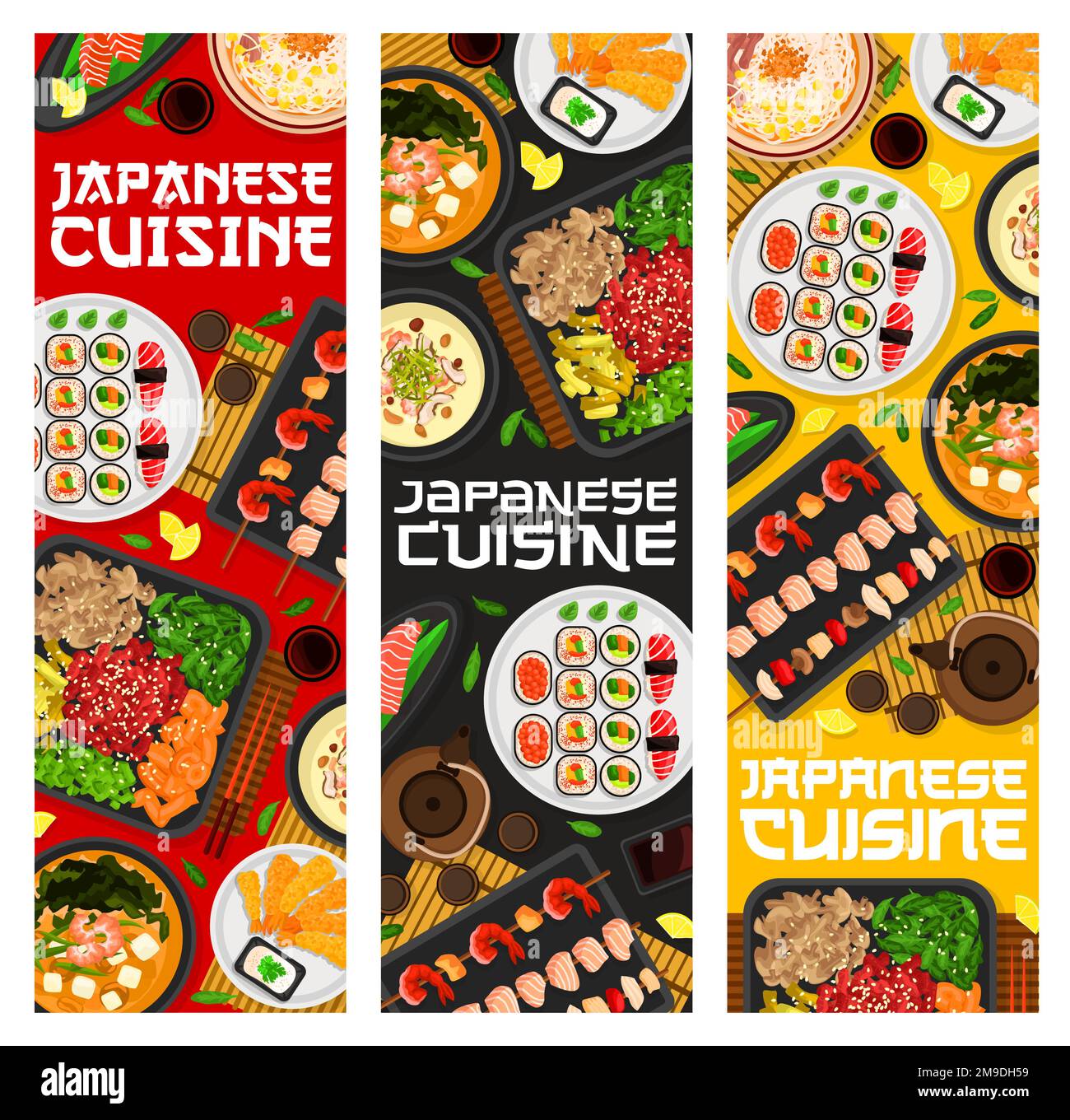 Japanese cuisine meals banners, Japan food and Asian dishes, vector ...