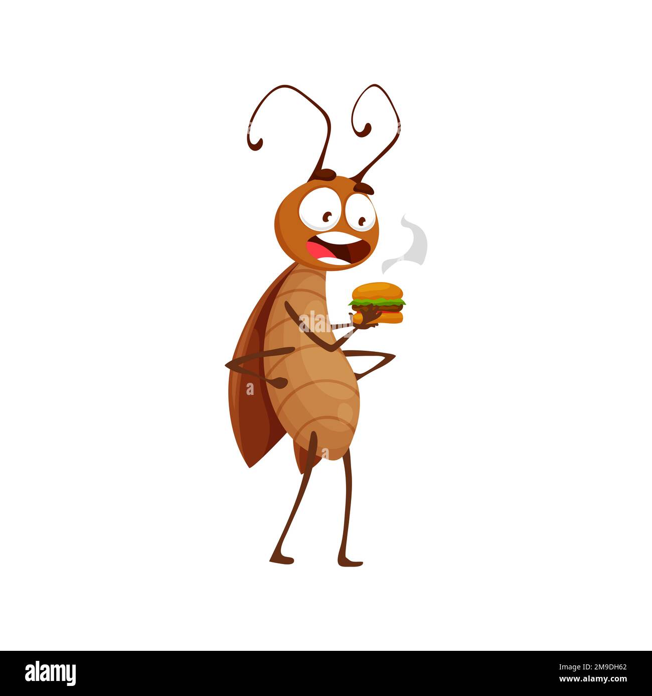 Cartoon cockroach character eating burger. Isolated vector bug enjoying ...