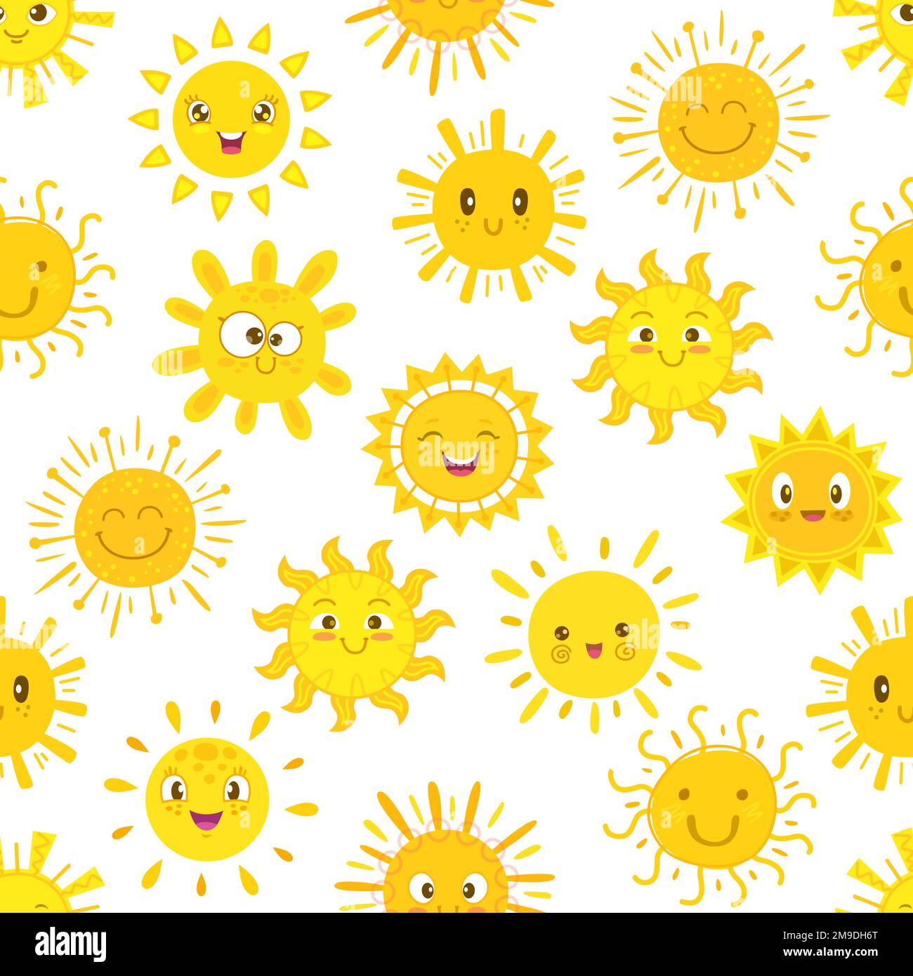 Sun characters seamless pattern. Cartoon cheerful sun personages with ...