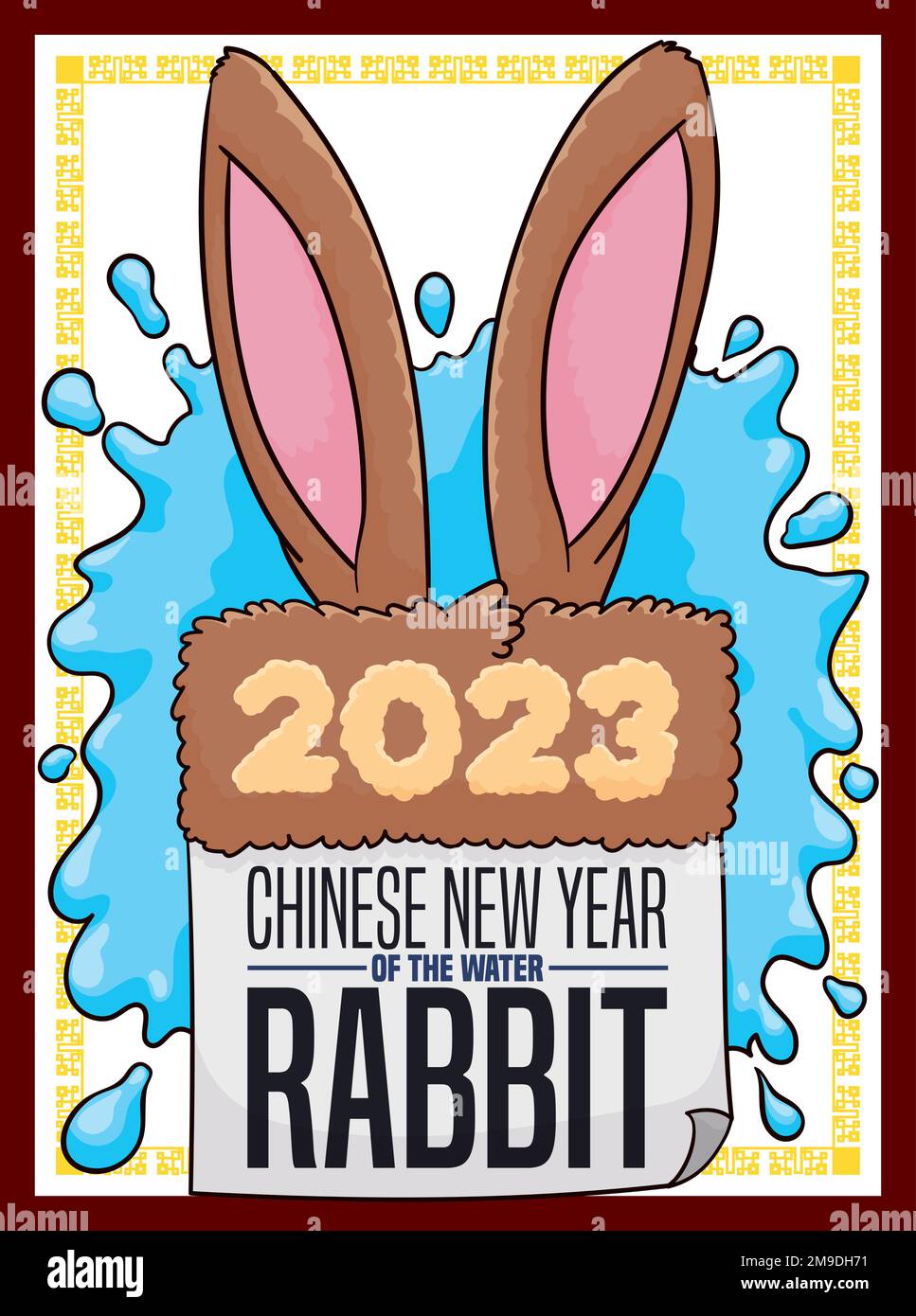 Brown rabbit ears and furry sign with paper sheet over water splash ...