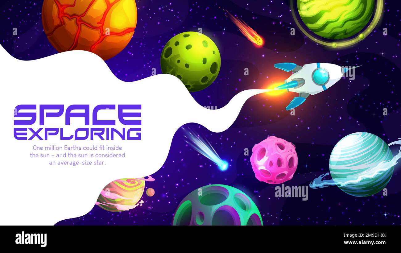 Space landing page. Cartoon galaxy and flying rocket spaceship. Company ...