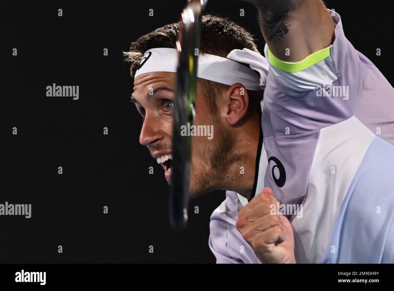 Alex Molcan of Slovakia in action against Felix Auger-Aliassime of Canada during the 2023 ...