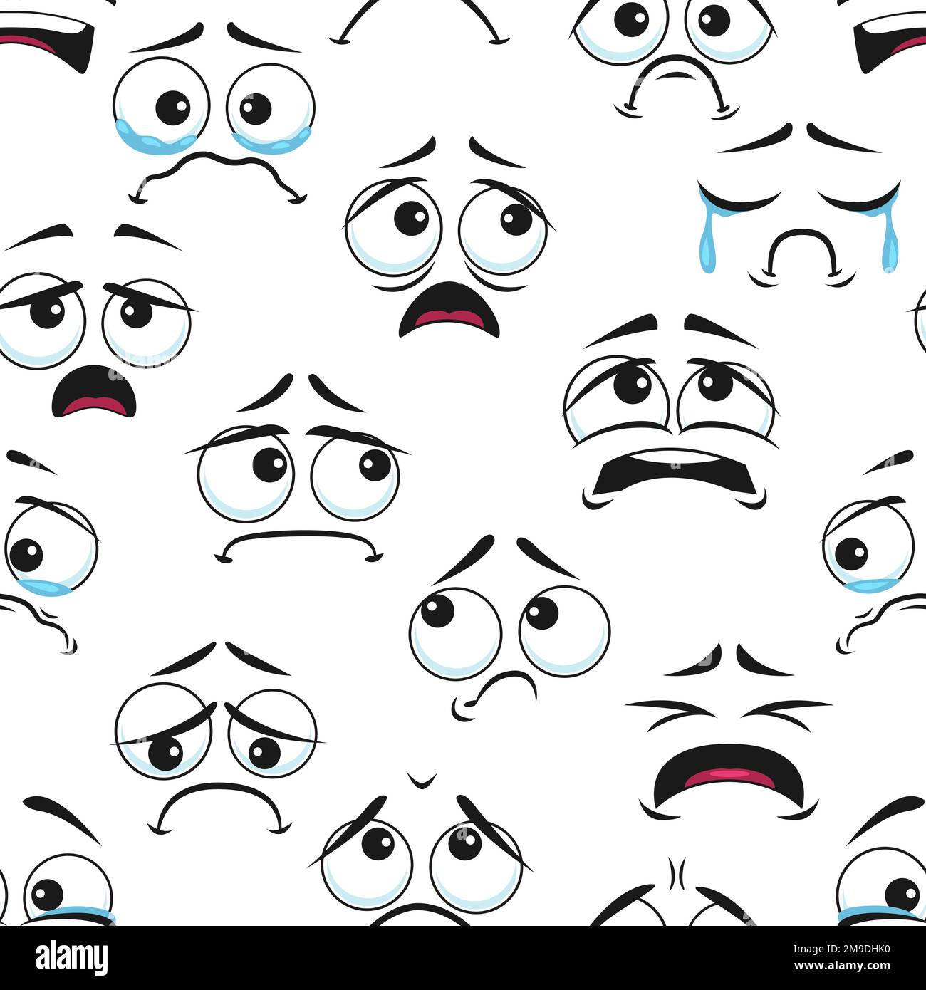 Sad and crying cartoon faces seamless pattern. Vector background with ...