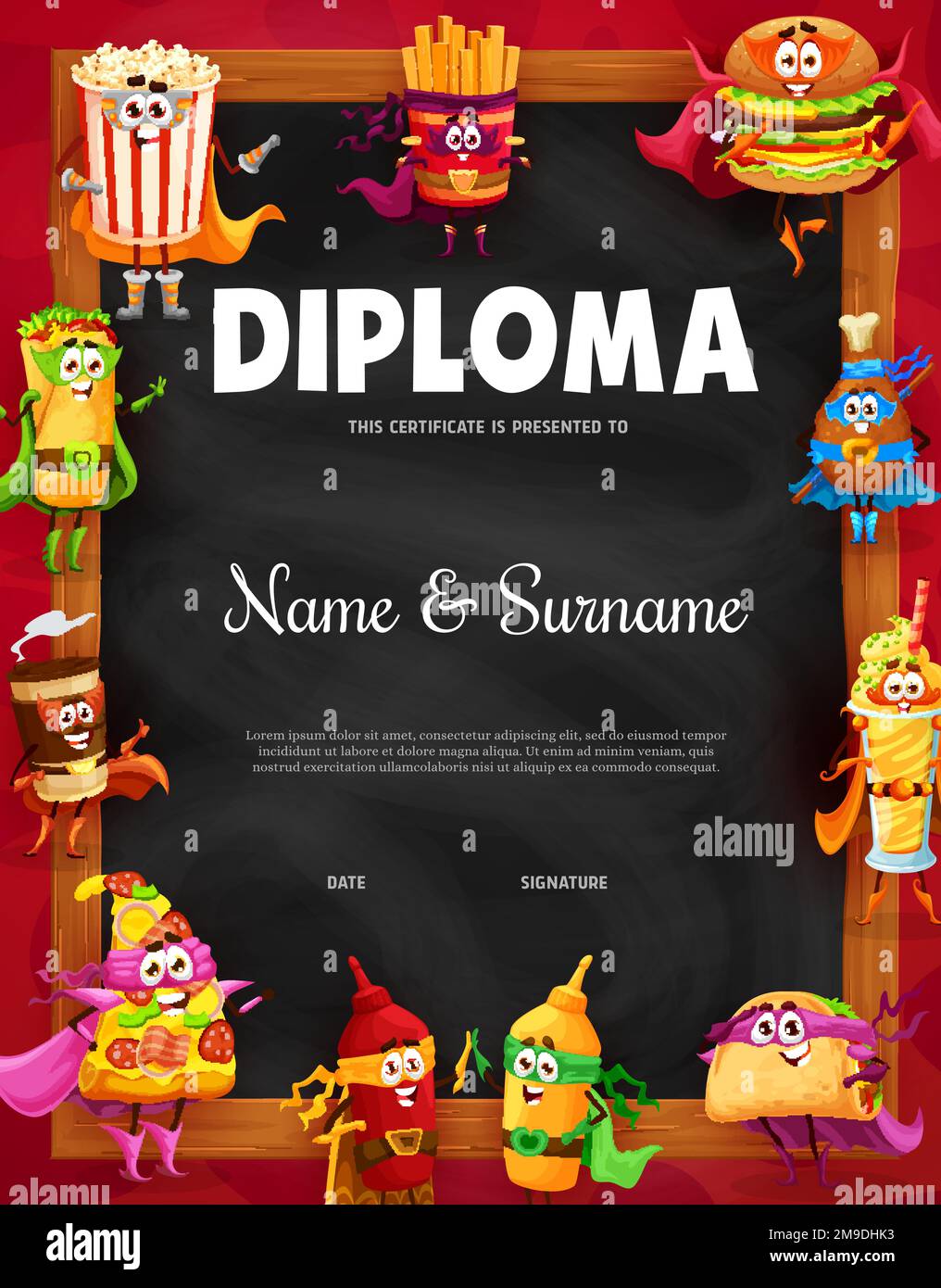 Kids diploma. Fast food characters, cafe chalkboard. Child competition ...