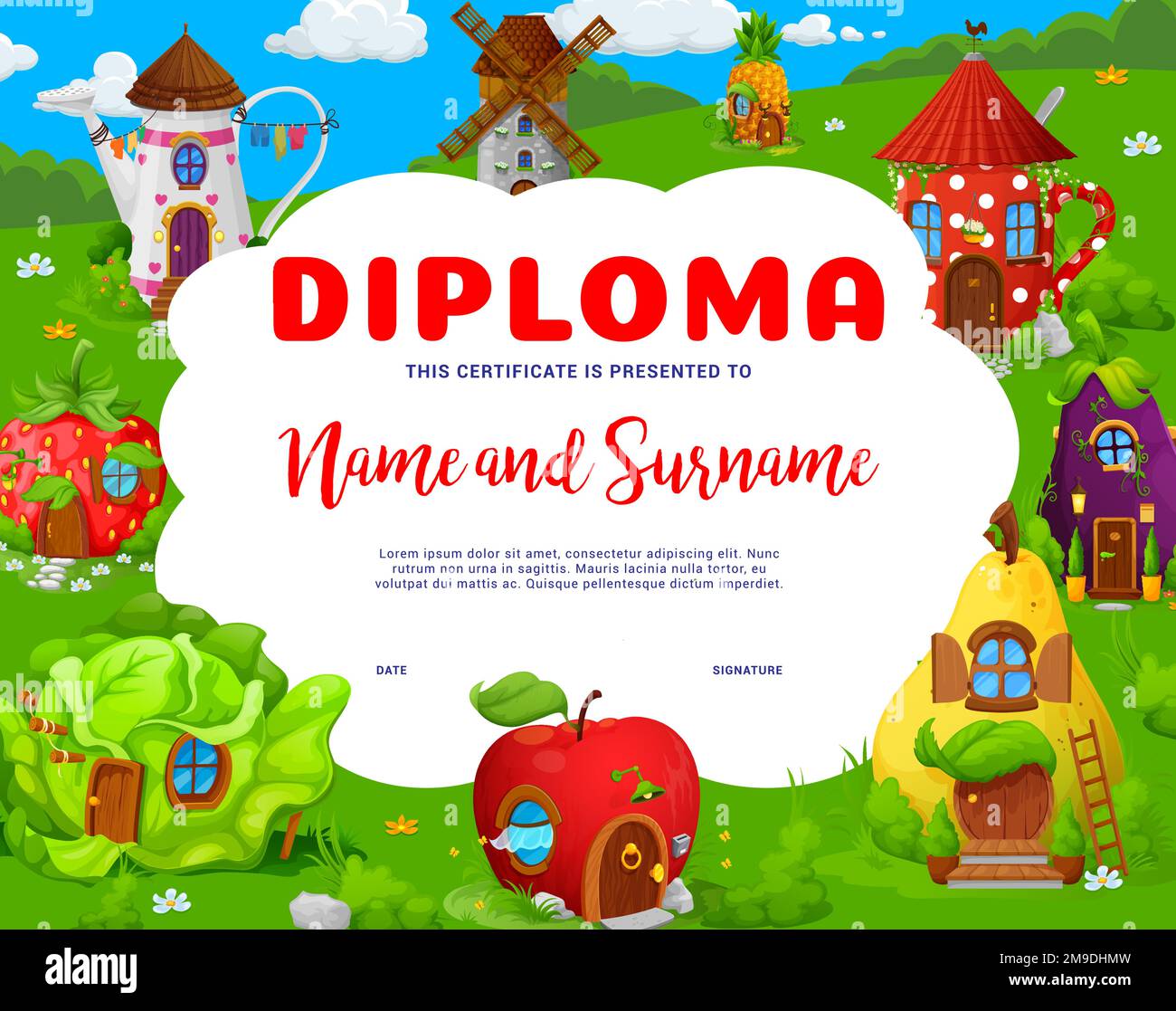 Kids diploma. Fairytale houses and homes. School children education ...