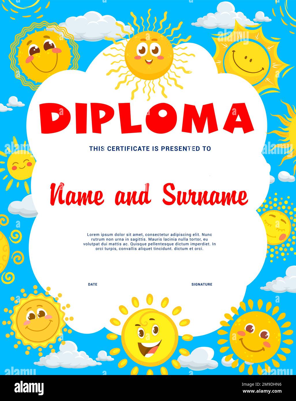 Kids diploma. Cartoon sun characters. Kindergarten child education ...