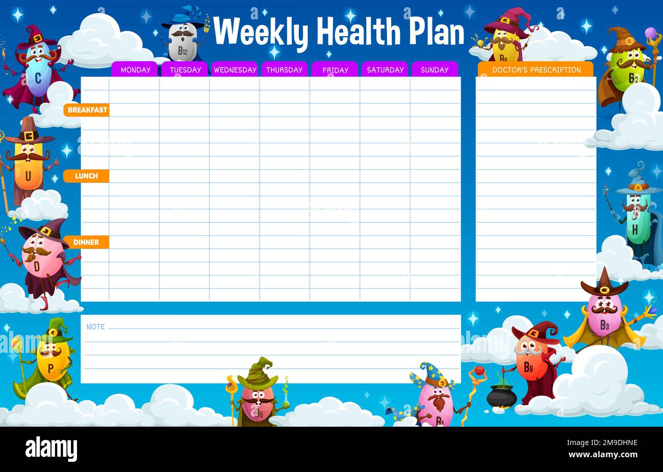Weekly medication plan. Cartoon vitamin wizard and mage characters on ...