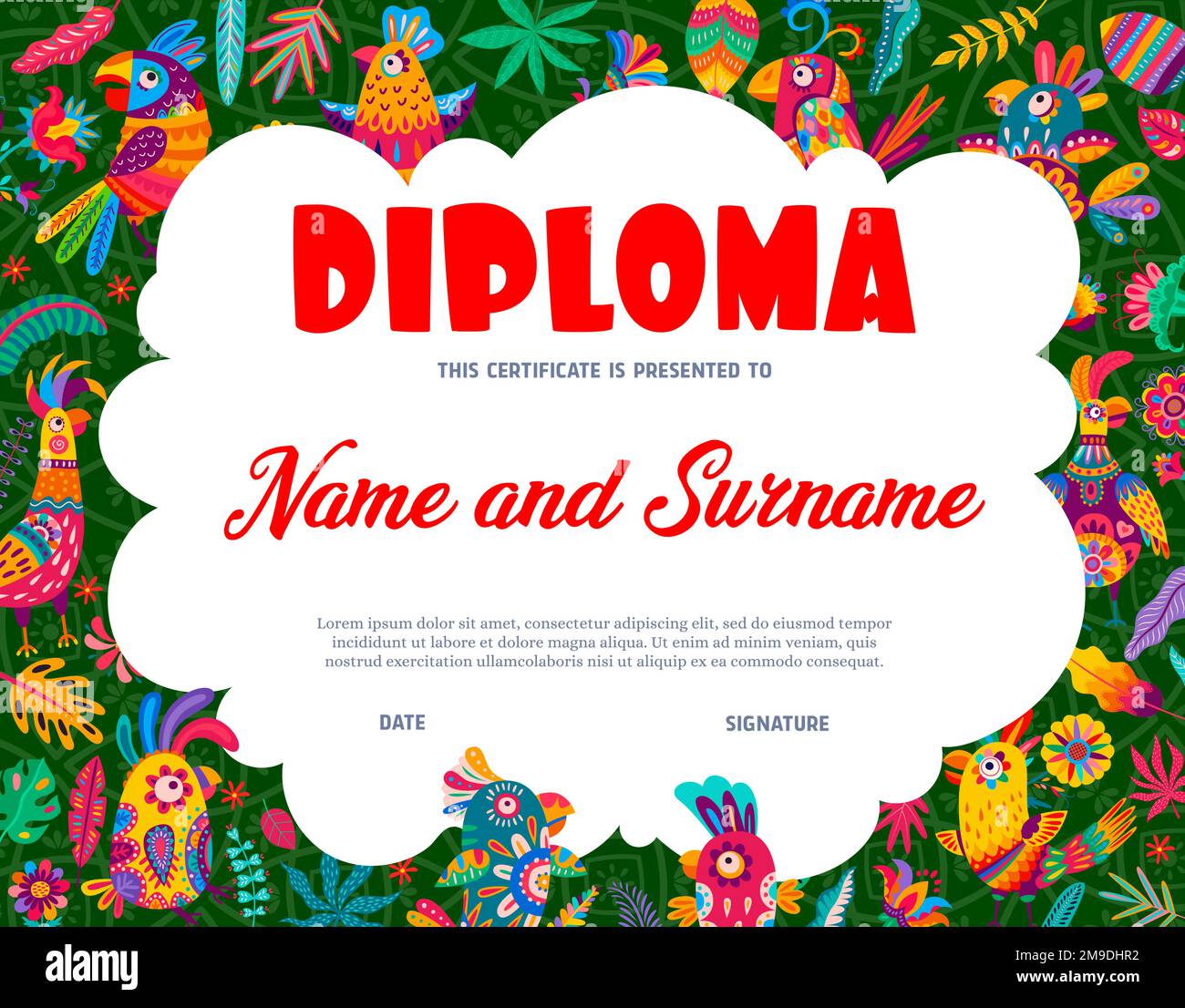 Kids diploma cartoon funny brazilian parrot birds and flowers ...