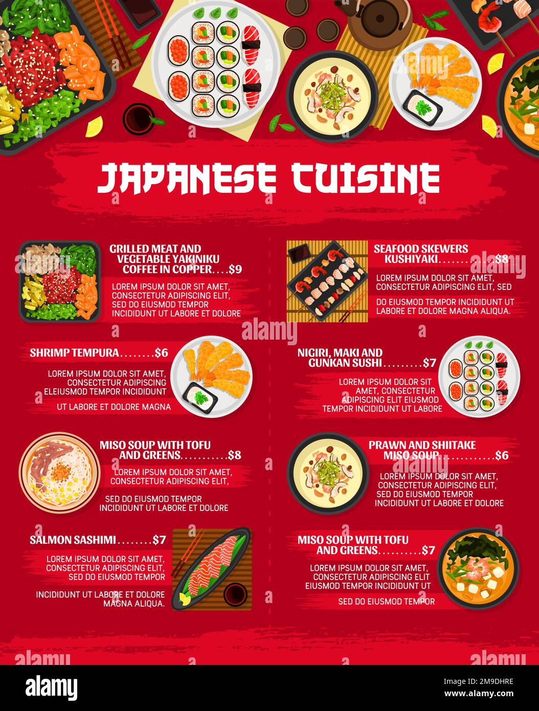 Japanese Cuisine Menu Restaurant Dishes And Asian Food Meals Vector