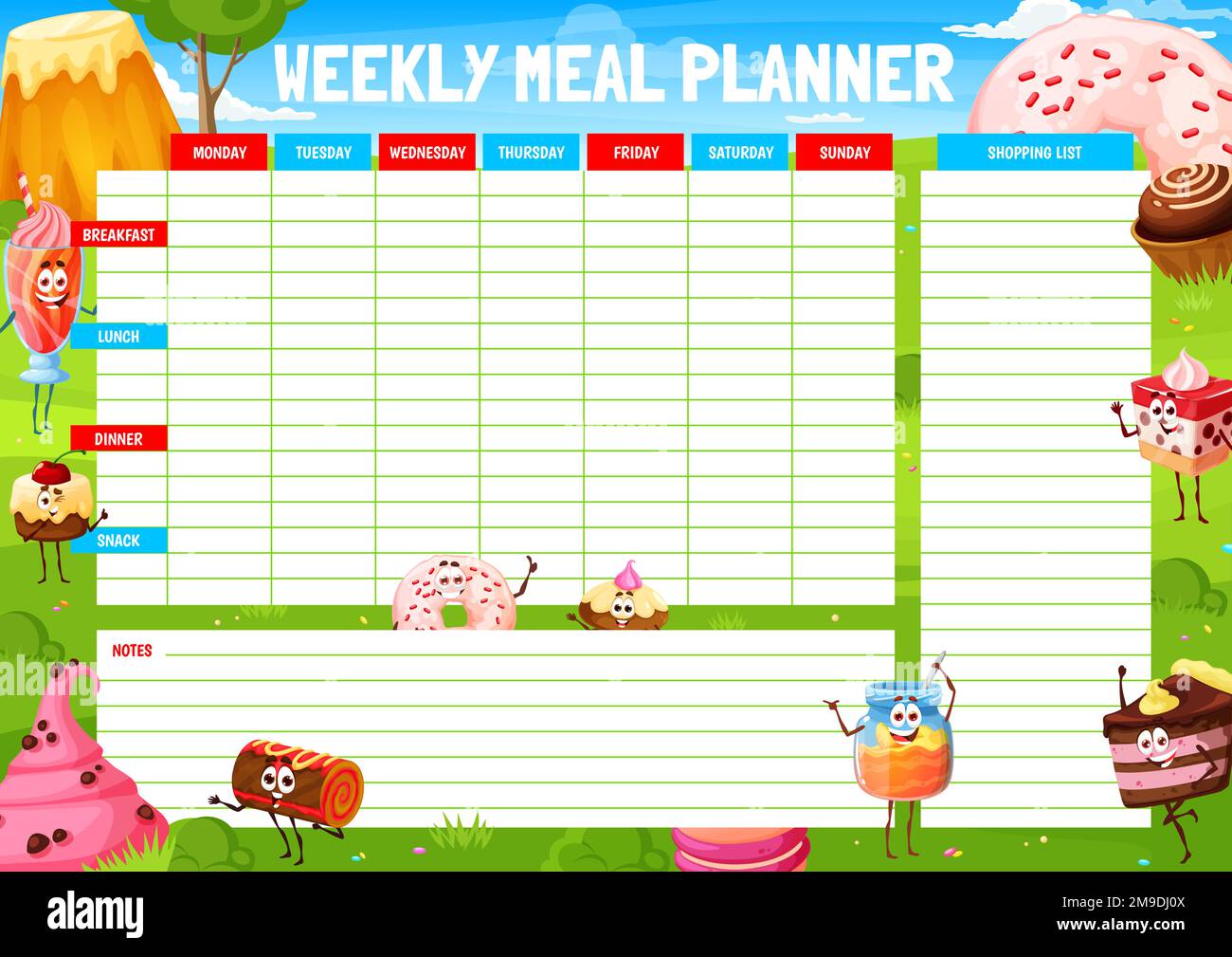 Weekly meal planner, cartoon candy, pastry and cake characters. Vector ...