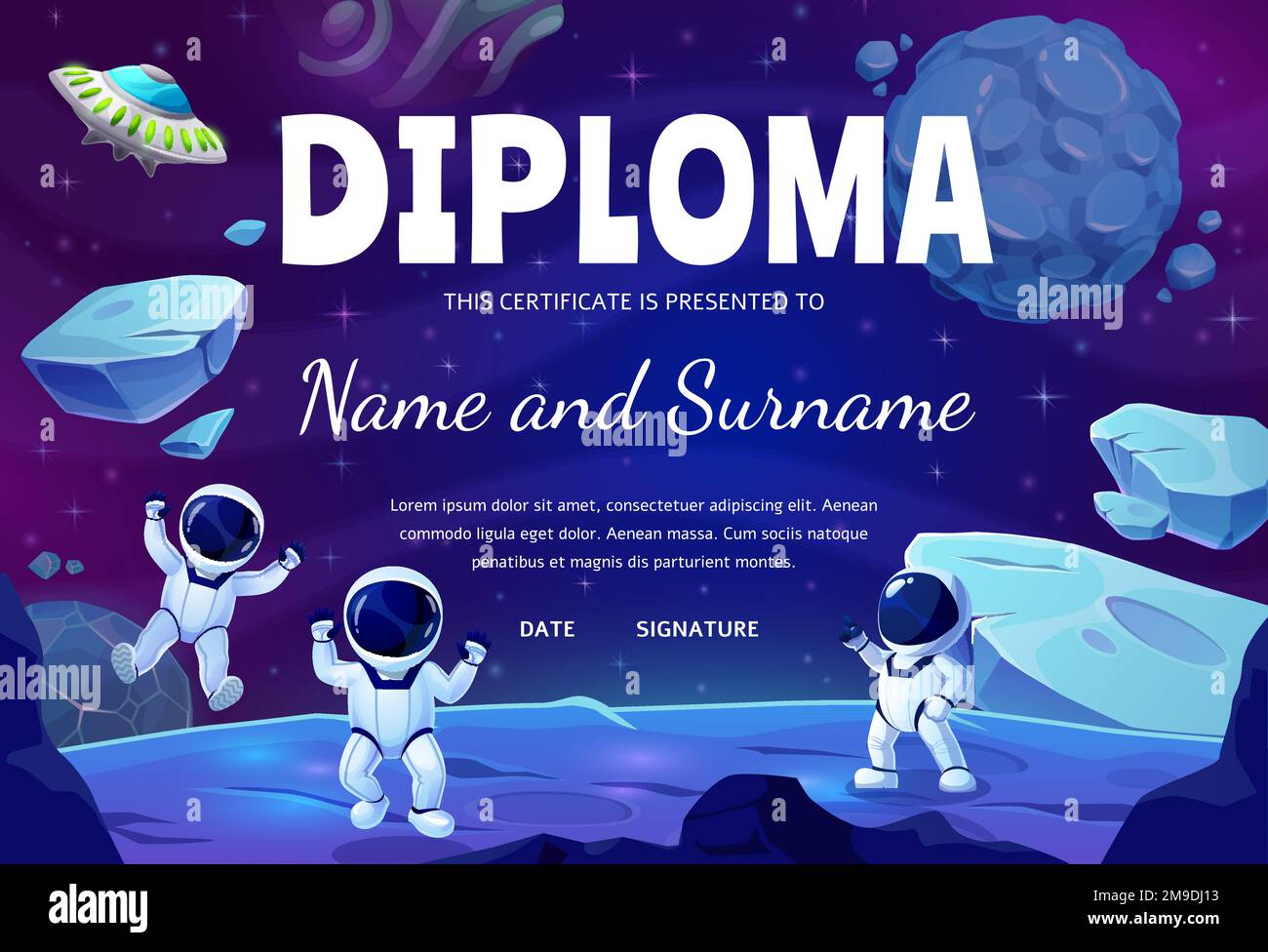 Kids astronaut diploma. Astronauts in outer space on planet surface. Child graduation ...