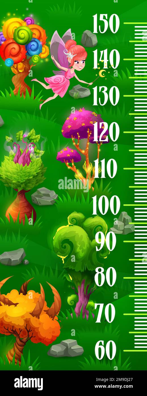 Kids height chart ruler, fairy characters in magic forest. Vector ...