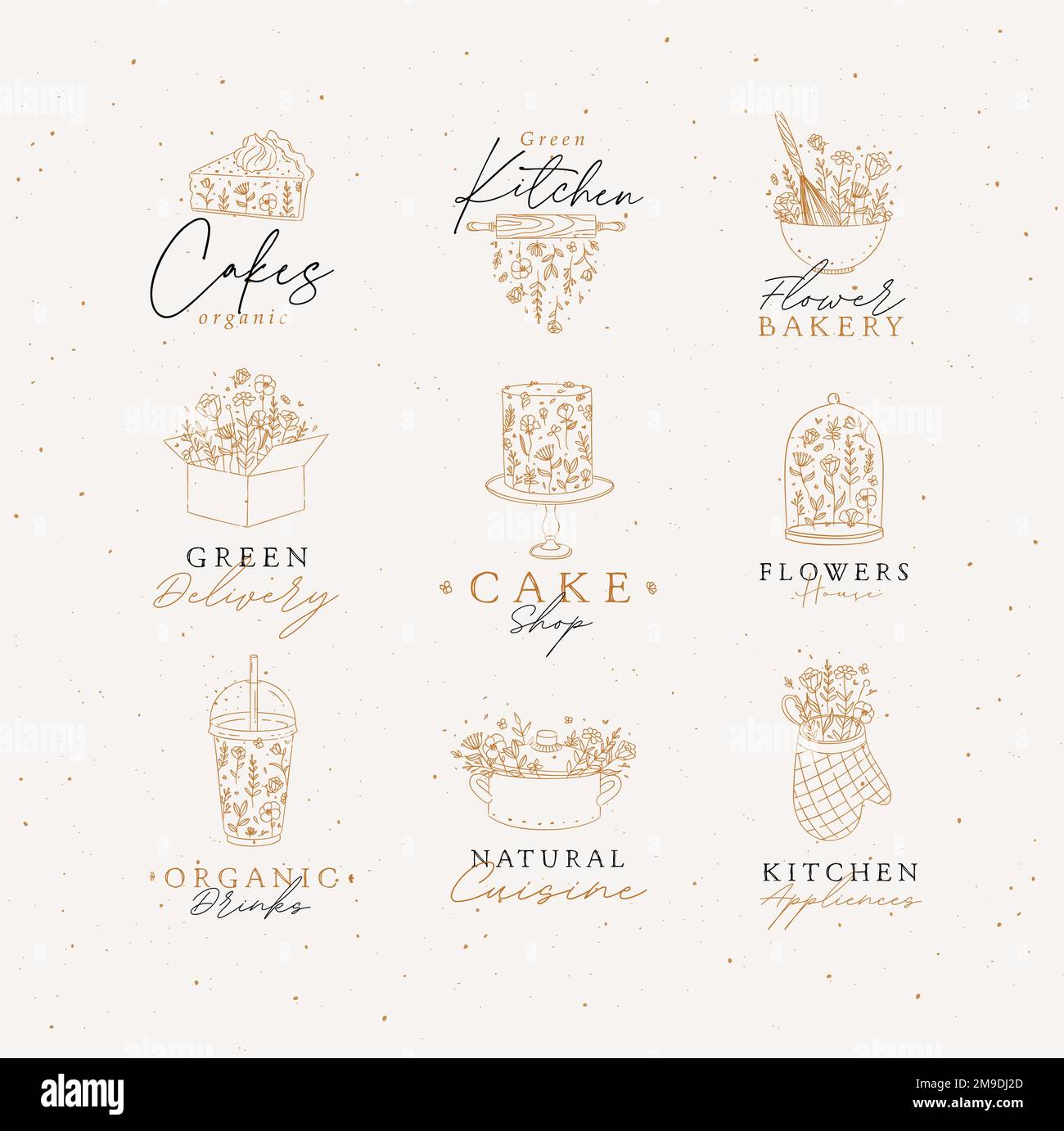 Sweets cooking appliances labels with flowers and lettering in hand ...