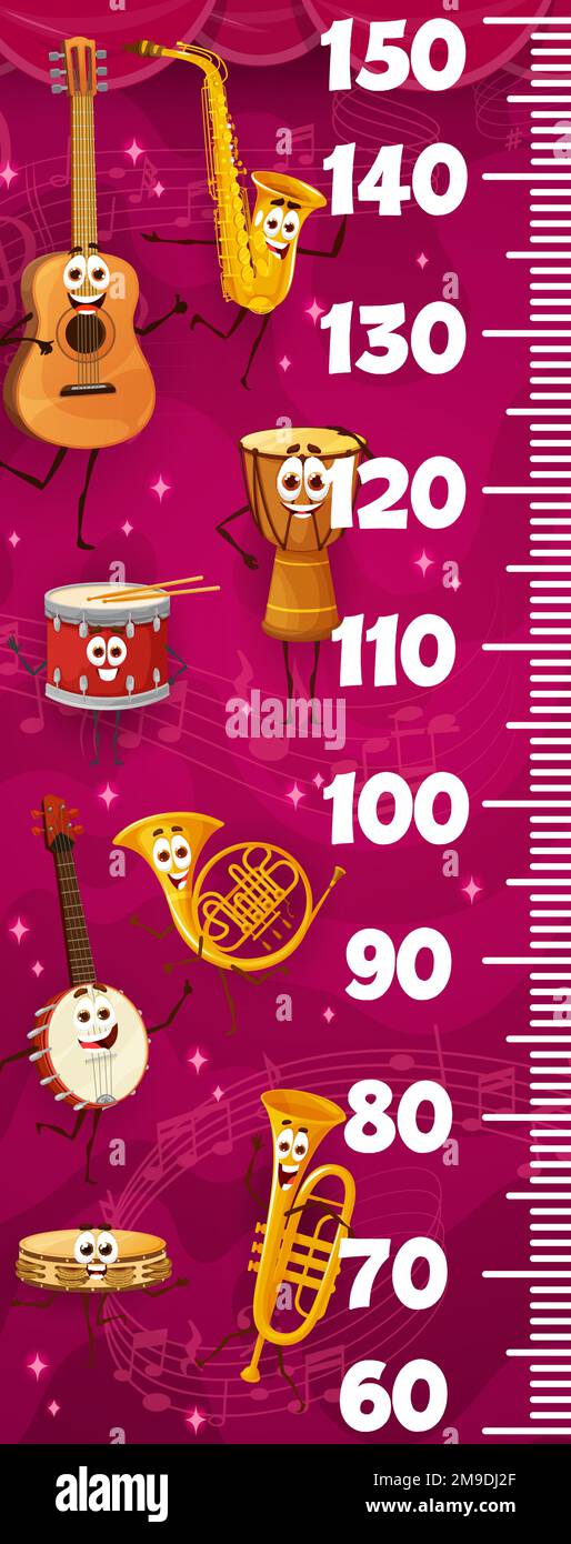 Kids height chart ruler. Cartoon musical instrument characters. Child ...