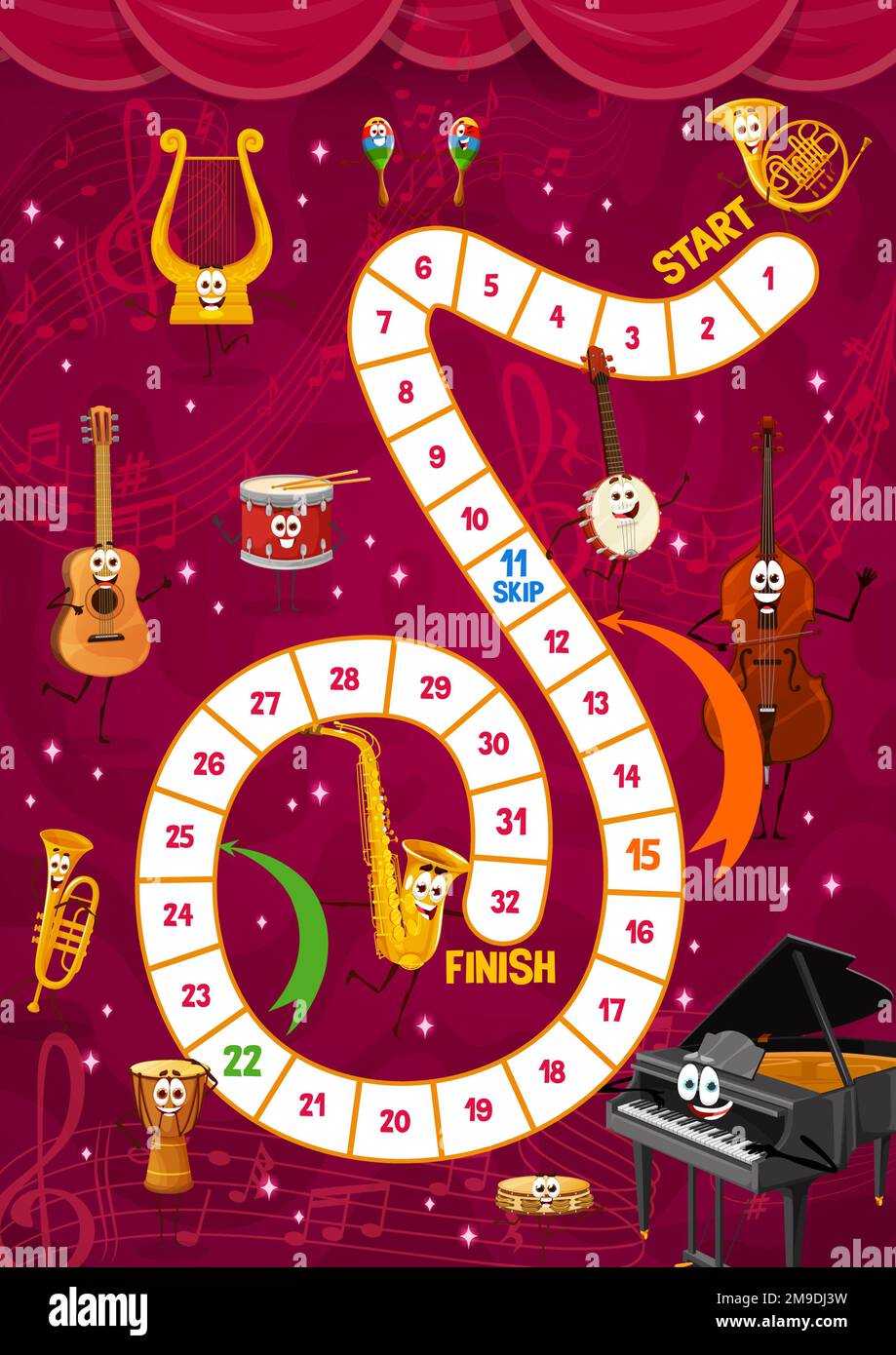 Kids board game cartoon musical instrument character. Vector step ...