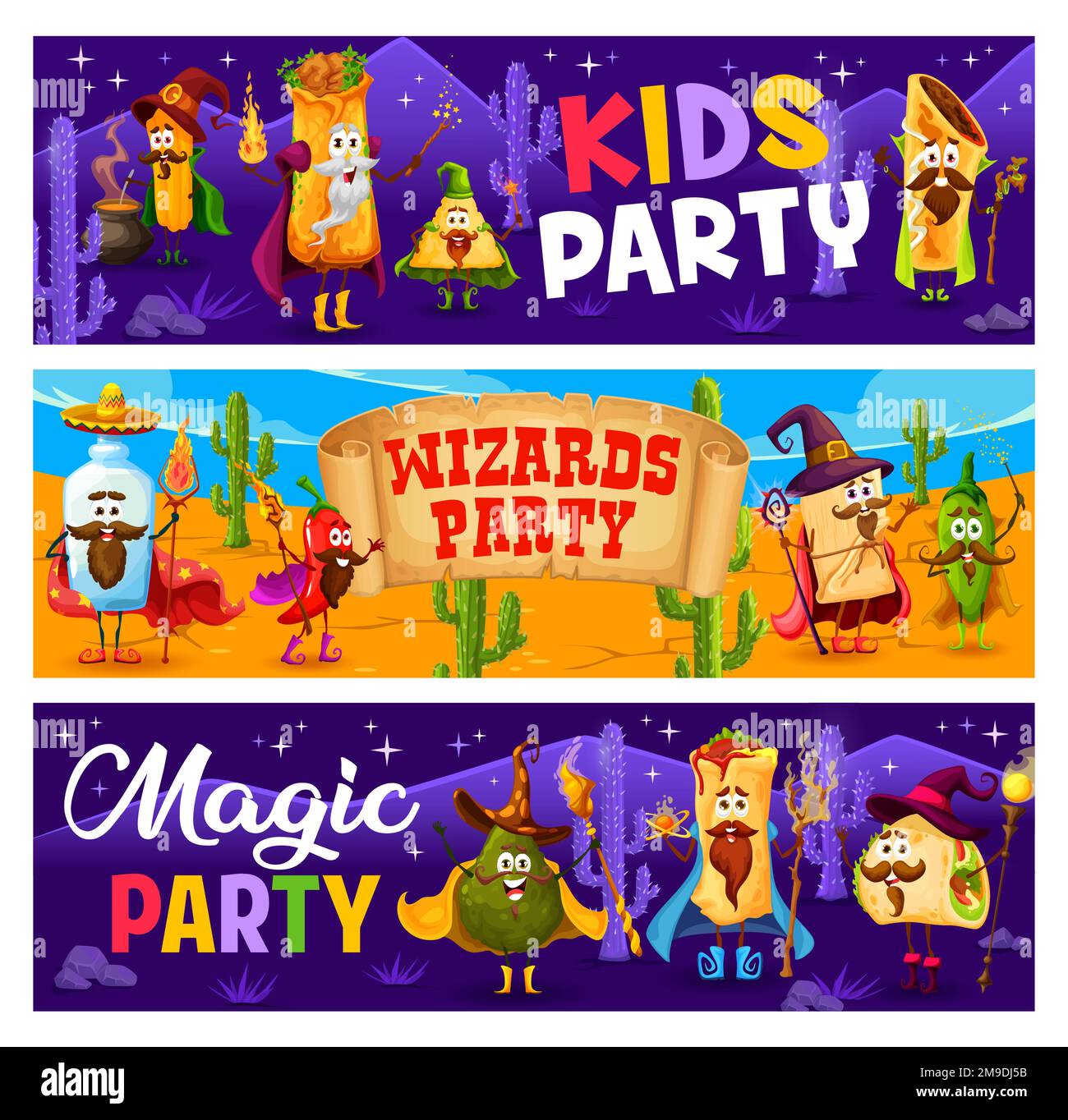 Wizards magic party cartoon tex mex mexican food characters. Vector ...