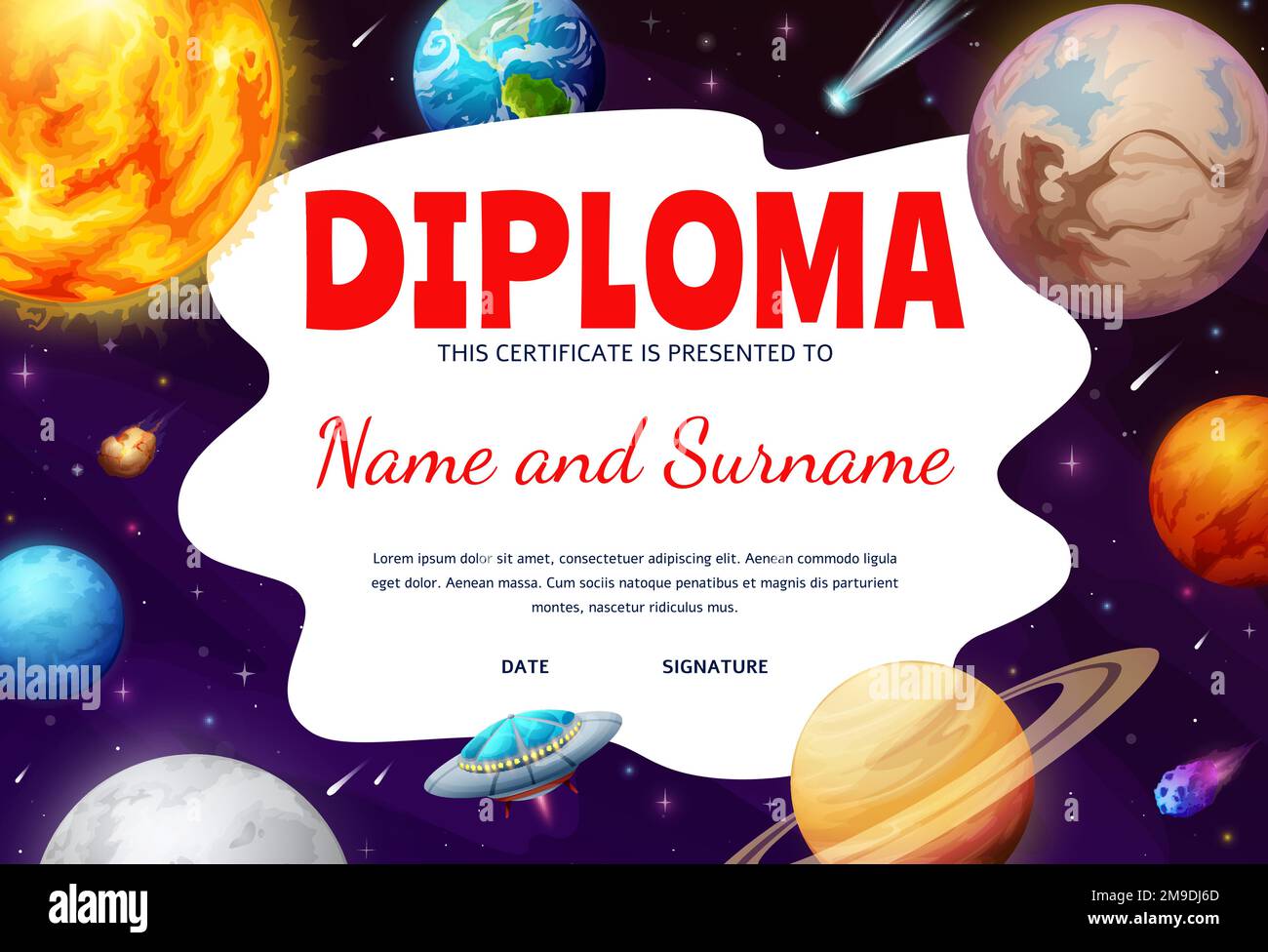Kids astronaut diploma. Galaxy space planets, UFO and stars. Elementary ...