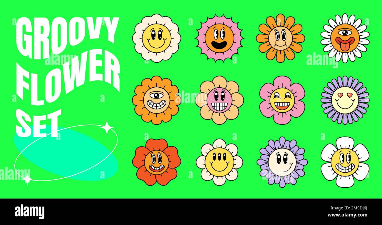 Hippie groovy chamomile smiley character set. Retro funny daisy ...