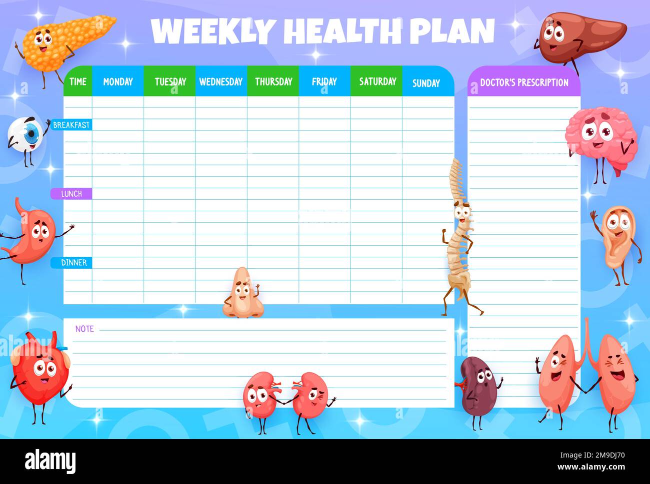 Weekly medication schedule, cartoon human organ characters. Vector ...