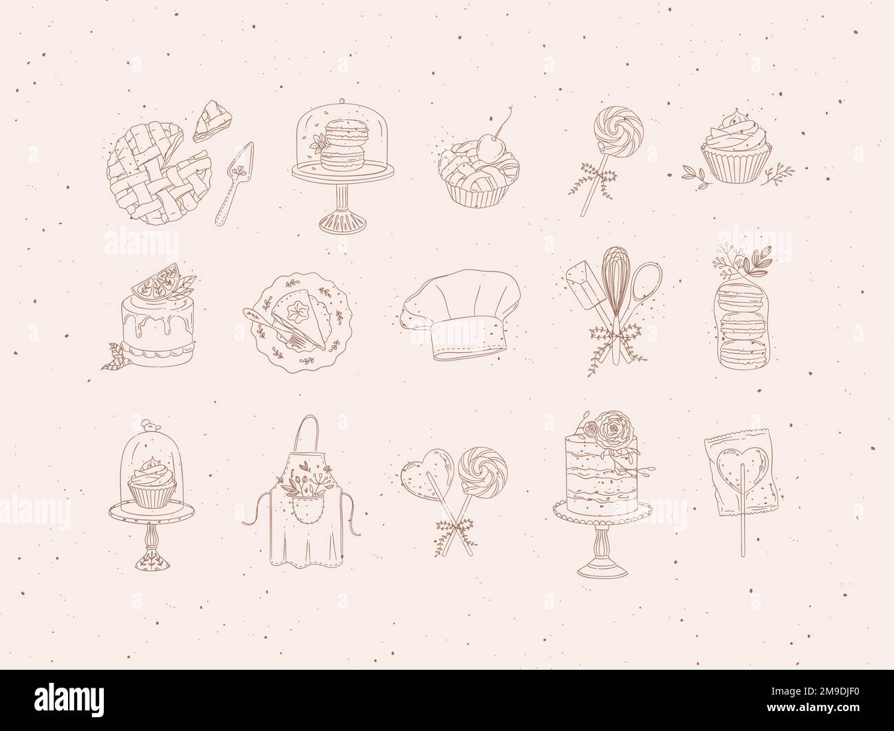 Bakery desserts and kitchen appliances in hand drawing style on coffee ...