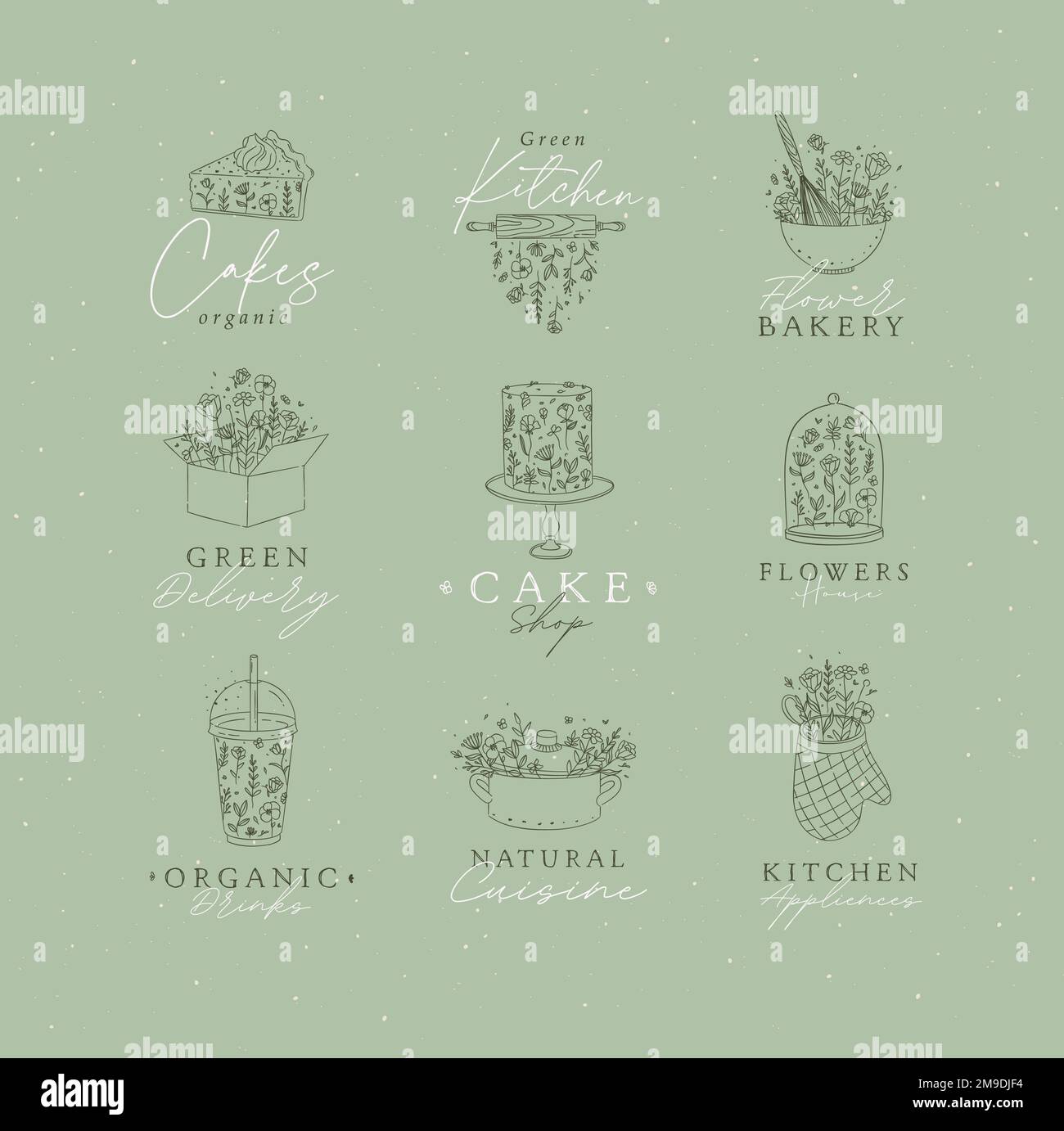 Sweets cooking appliances labels with flowers and lettering in hand ...