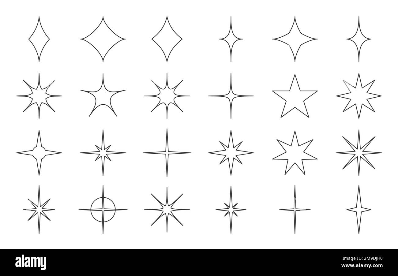 Star space magic editable stroke black line set. Thin outline simple ...