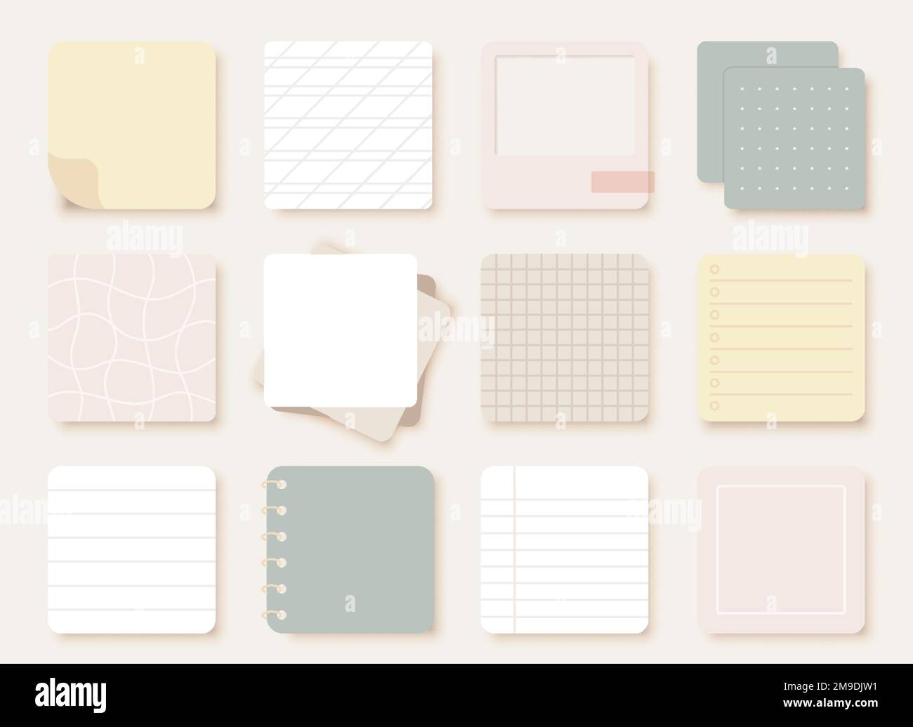 Paper note sticker square notepad pastel flat set. Sheet spiral ...