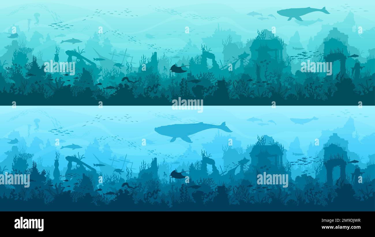 Underwater landscape, whale, sunken ancient city and corals or seaweeds ...