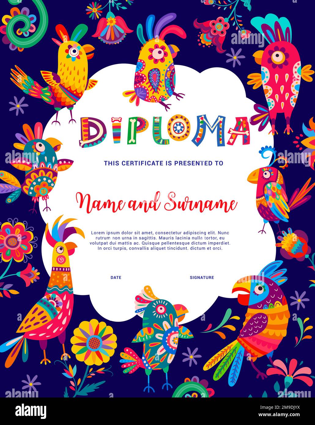 Kids diploma, Mexican and Brazilian parrot birds, vector certificate ...