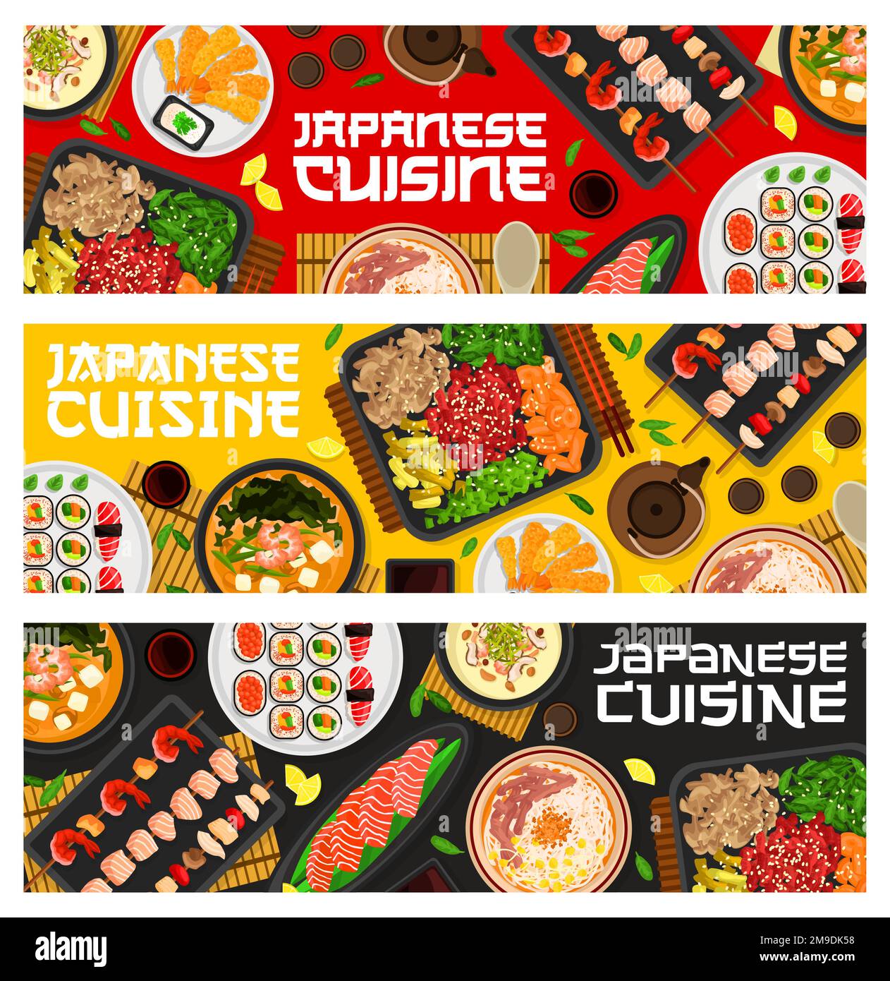 Japanese cuisine meals banners, Asian food dishes and traditional meals ...