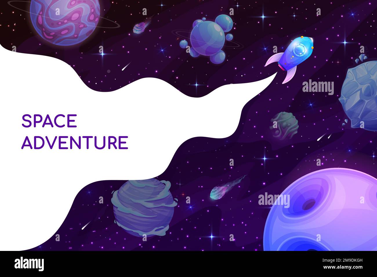 Cartoon space adventure poster. Rocket spaceship in galaxy. Vector ...