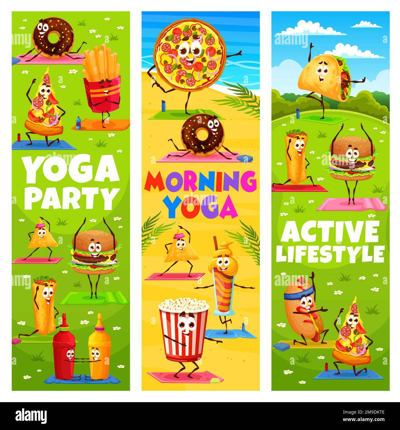 Yoga fitness banners, cartoon fast food characters and personages ...