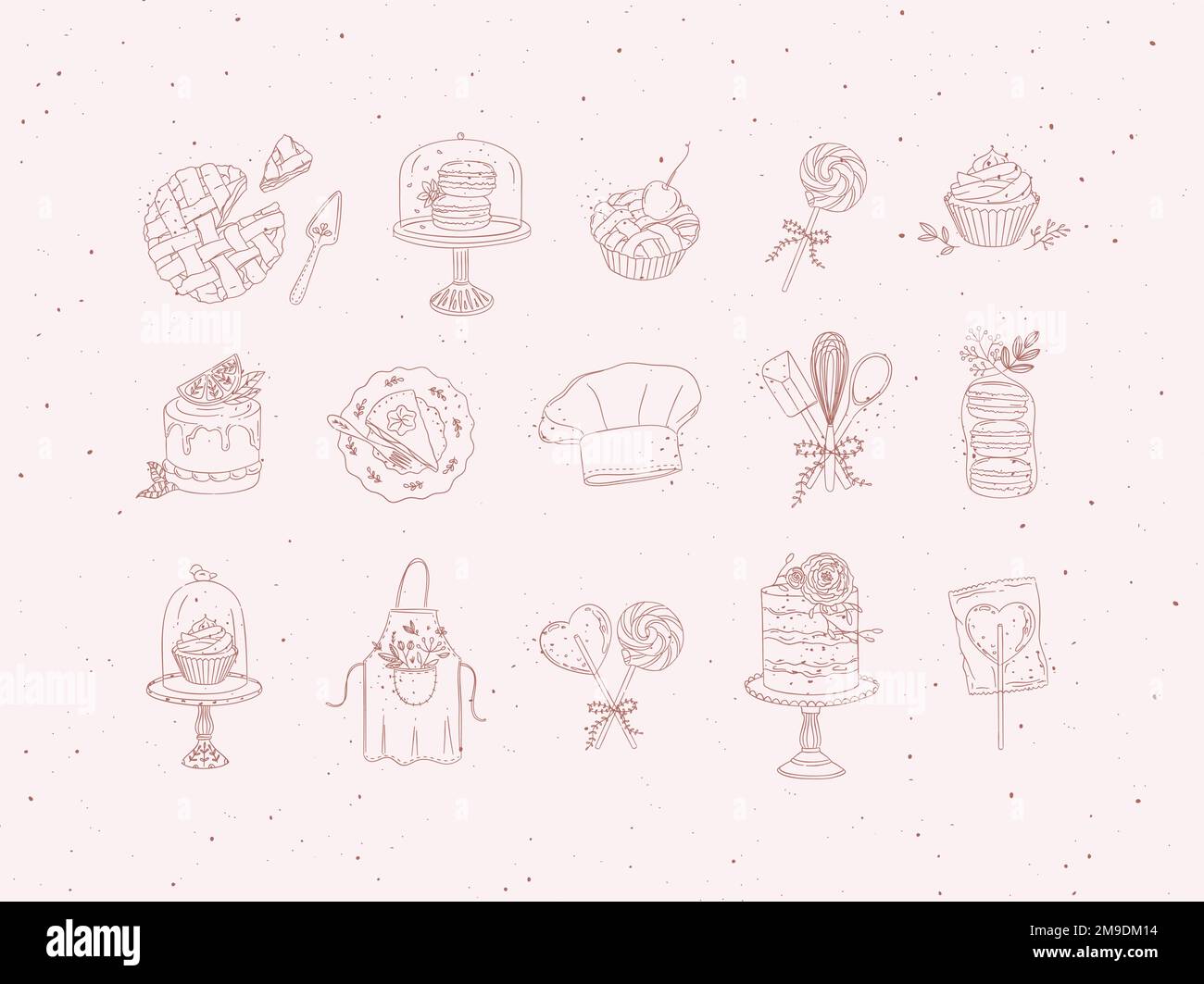 Bakery desserts and kitchen appliances in hand drawing style on peach ...