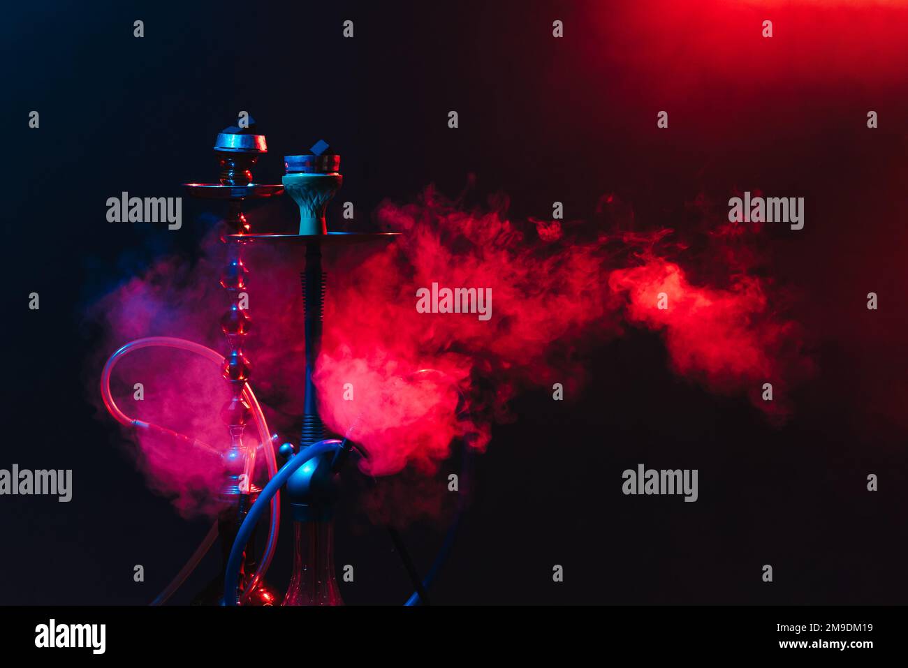 Modern hookah, shisha on smoky black background with neon lighting and ...