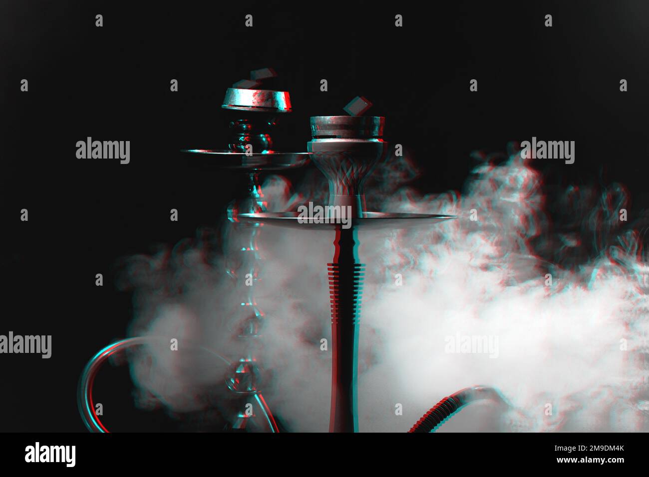 Hookah, shisha on smoky black background with smoke. Glitch, black and ...