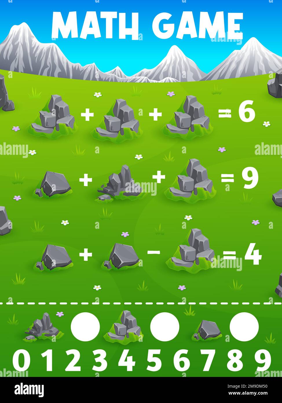 Math game worksheet. Stones and rocks on mountain meadow. Kids ...