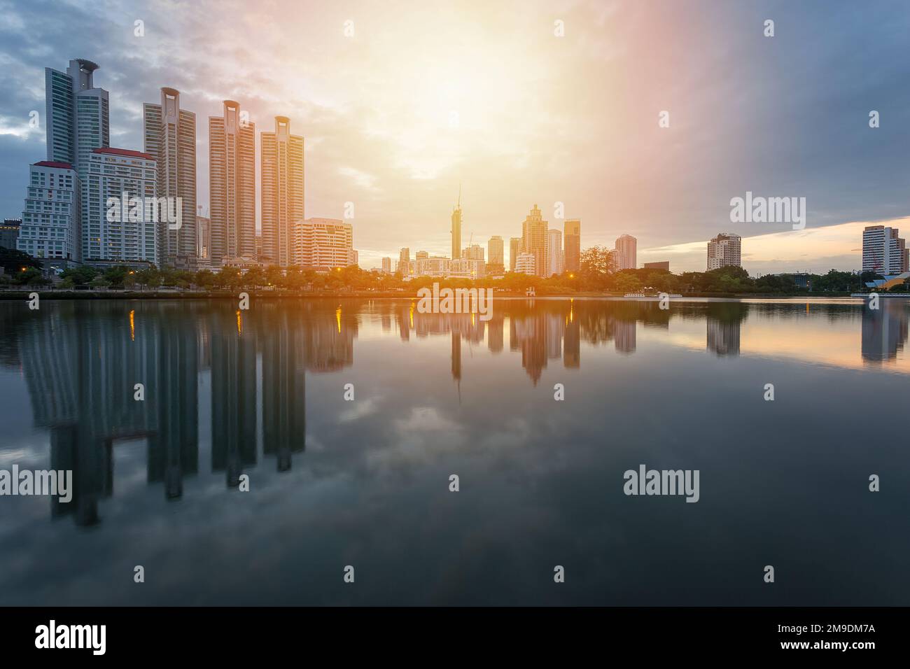 City building with water reflection before sunset background Stock ...