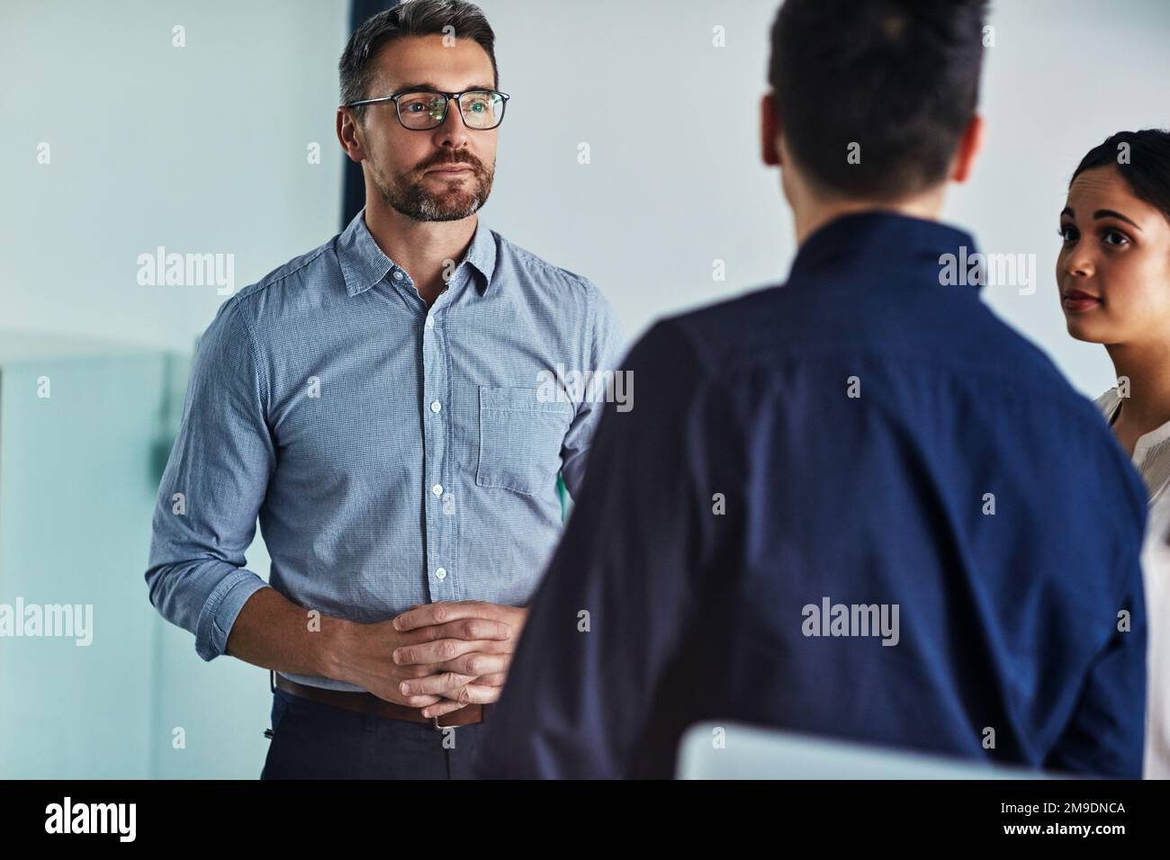 Business people, team and meeting in discussion for idea, strategy or ...